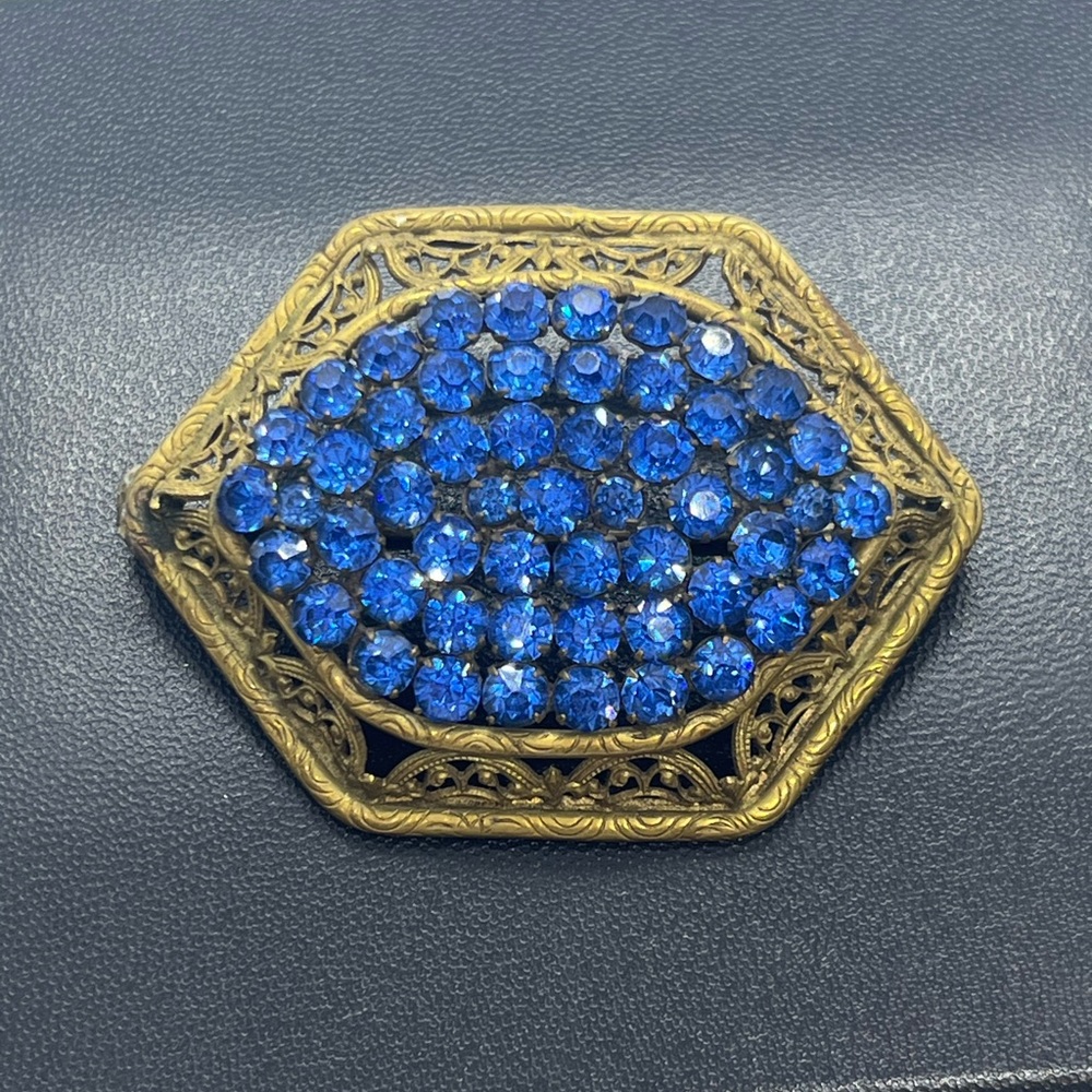 Art Deco Stunning Cobalt Blue Rhinestone Bronze Gold … - Gem